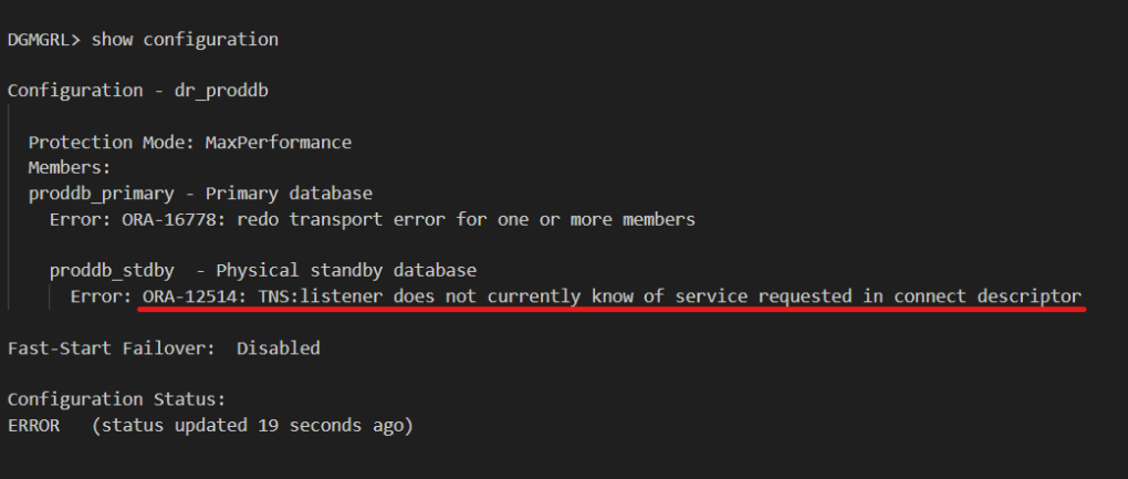 ORA-16778 and ORA-12514 while adding a standby database to a new Data Broker configuration ...